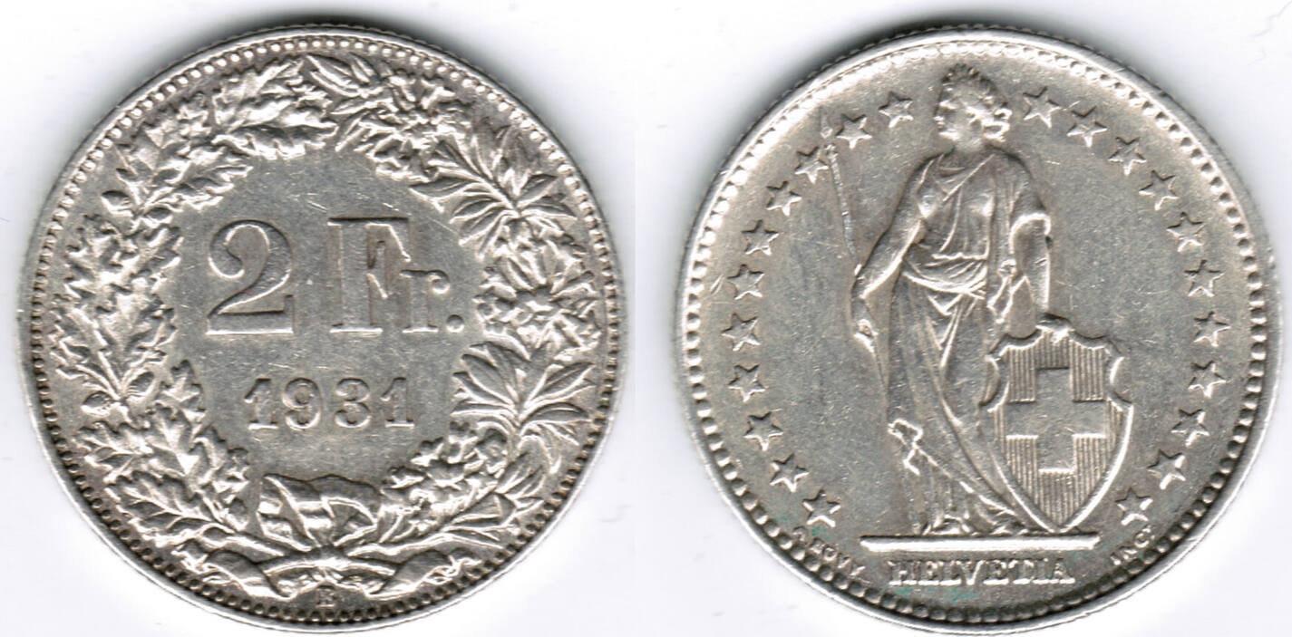 1931 Schweiz, Kursmünze Silber, 2 Franken, Erhaltung siehe Scan! sehr schön | MA-Shops