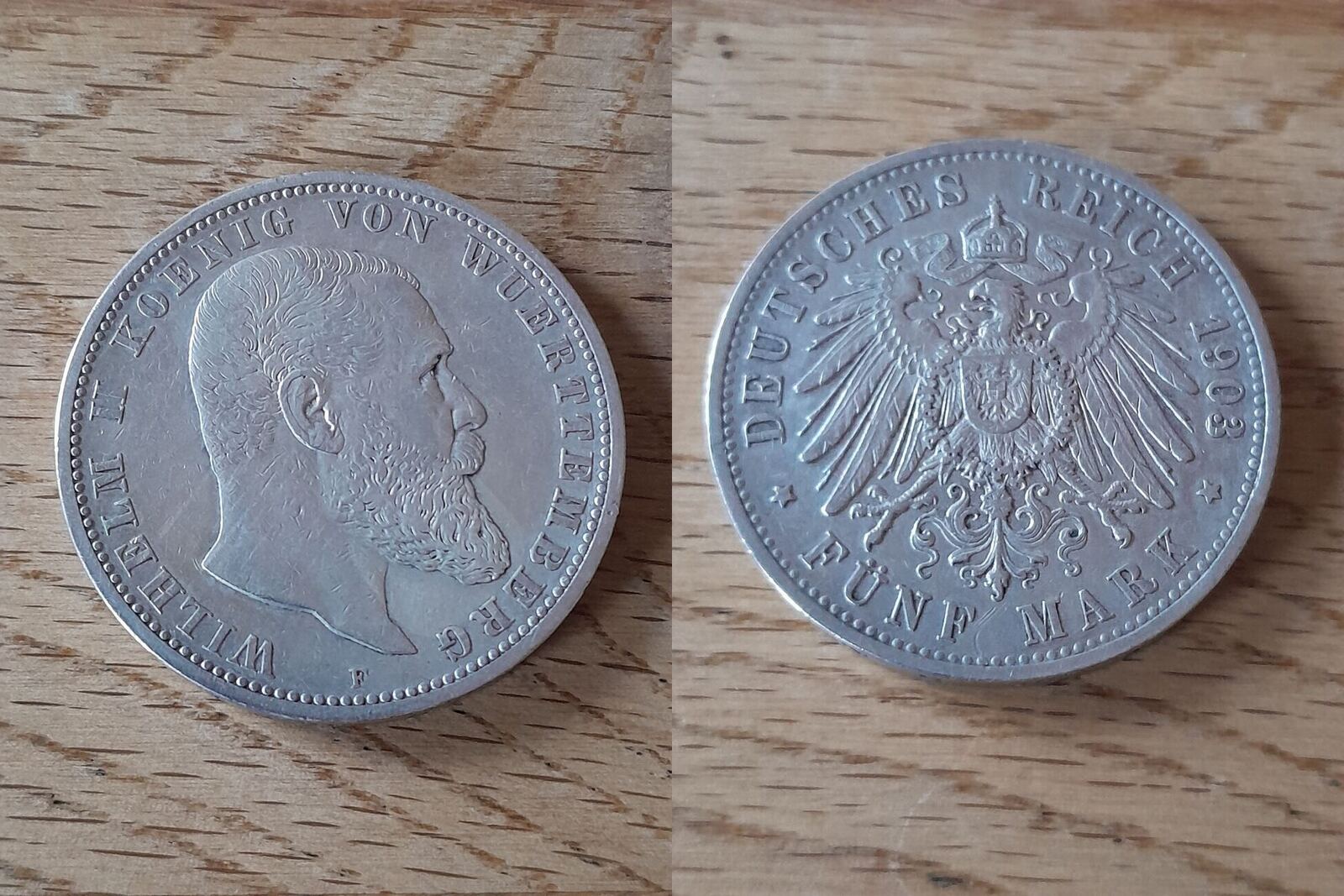 5 Mark Kaiserreich, Württemberg 1903 F, Wilhelm II., Erhaltung siehe Scan! sehr schön, kl ...