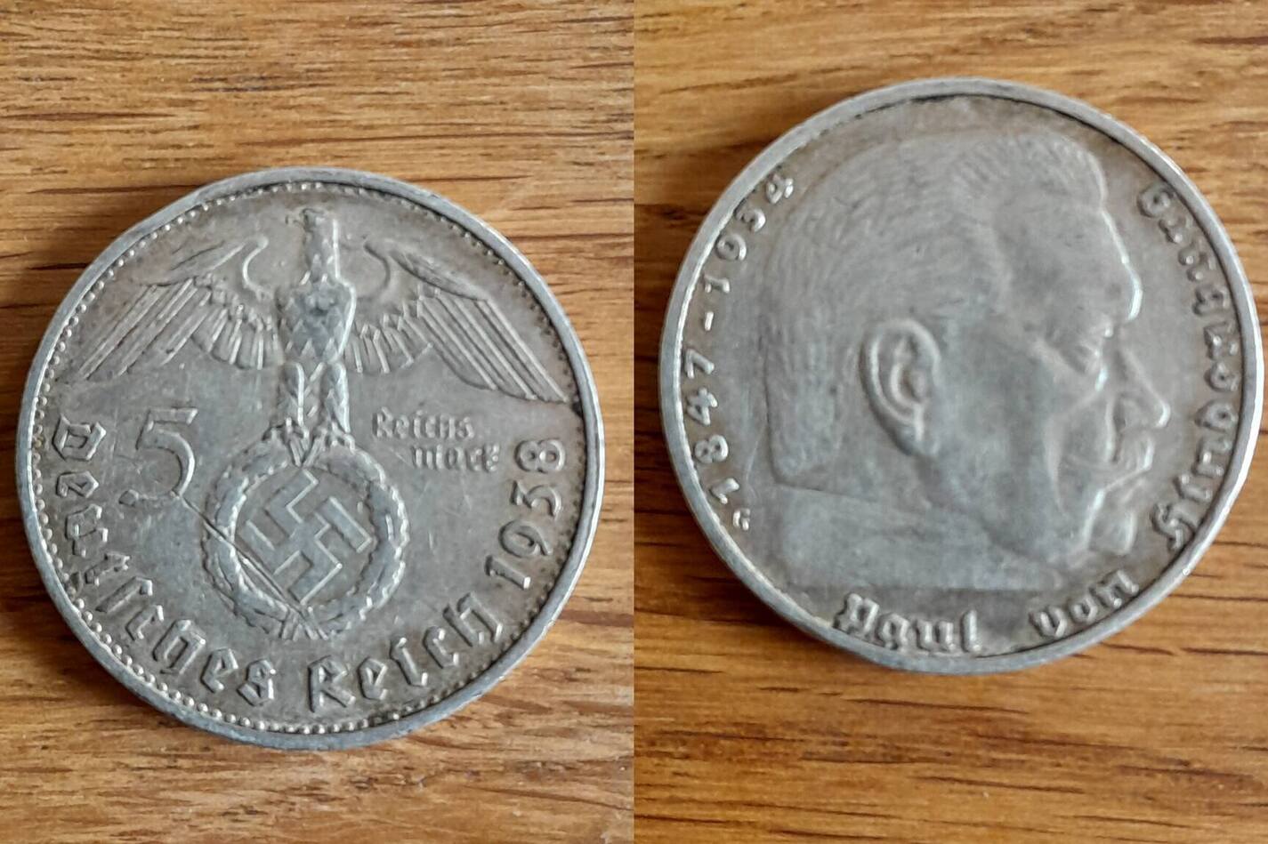 Drittes Reich, 5 Reichsmark 1938 G, Hindenburg mit HK, 13,89 g 900er ...