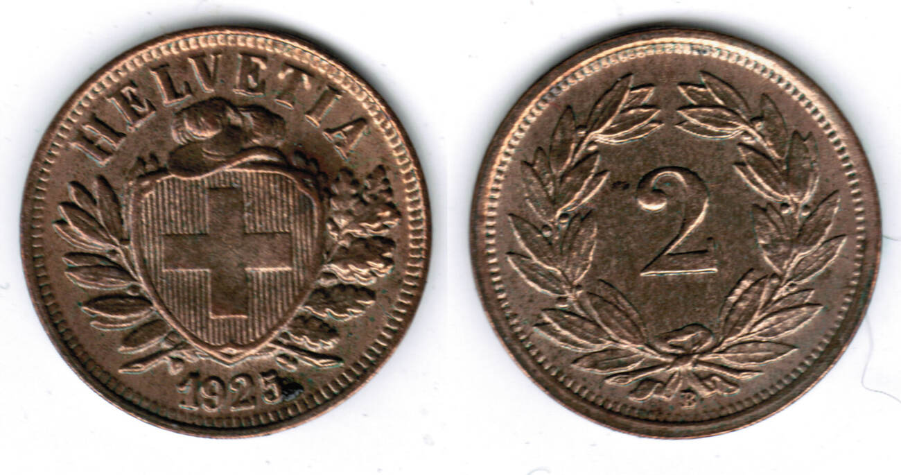 Schweiz, Kursmünze 2 Rappen 1925 B, Erhaltung siehe Scan! sehr schön | MA-Shops