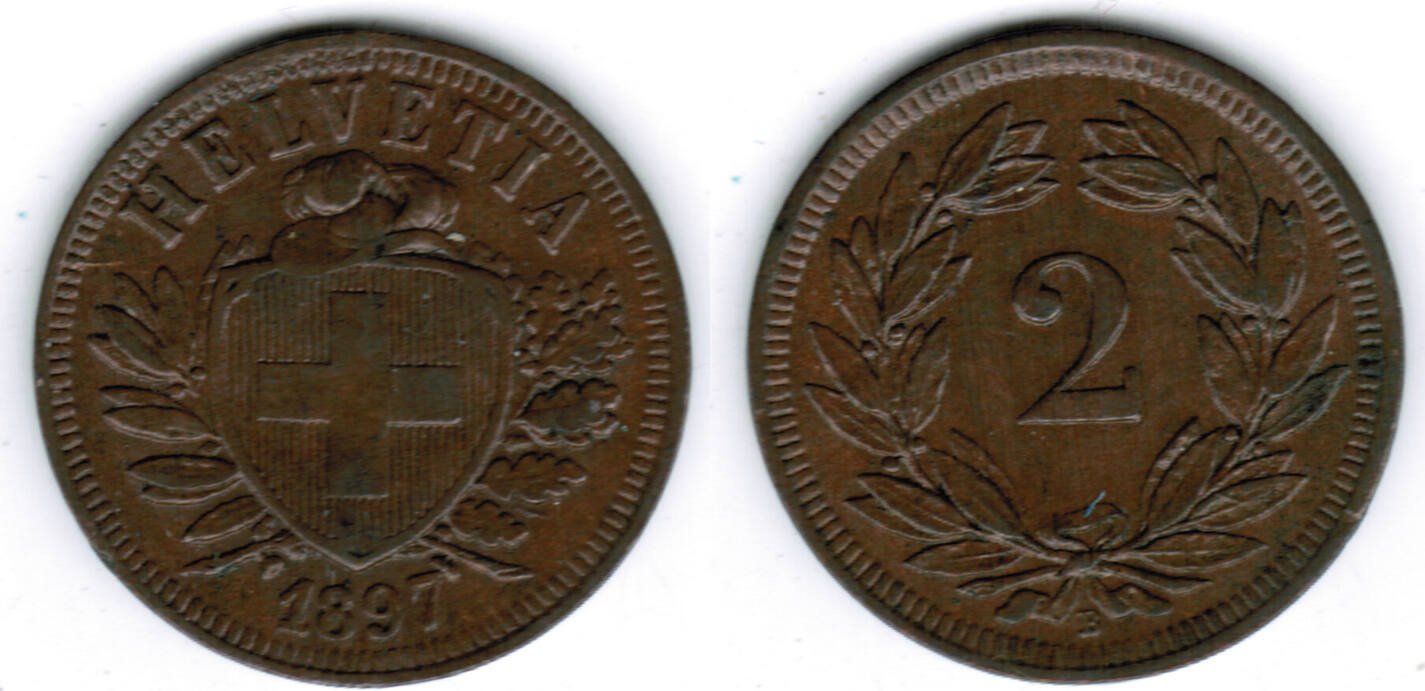 Schweiz, Kursmünze 2 Rappen 1897 B, Erhaltung siehe Scan! sehr schön | MA-Shops