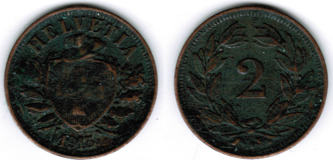 Schweiz, Kursmünze 2 Rappen 1913 B, Erhaltung siehe Scan! fast sehr schön | MA-Shops