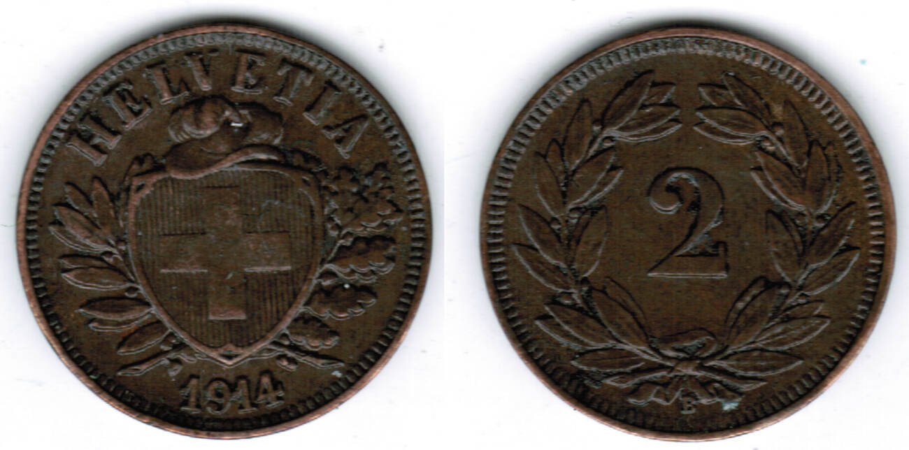 Schweiz, Kursmünze 2 Rappen 1914 B, Erhaltung siehe Scan! sehr schön | MA-Shops