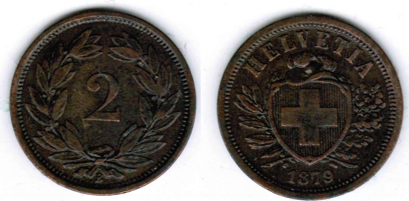 Schweiz, Kursmünze 2 Rappen 1879 B, Erhaltung siehe Scan! sehr schön | MA-Shops