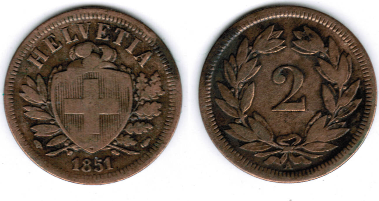 Schweiz, Kursmünze 2 Rappen 1851 B, Erhaltung siehe Scan! schön bis sehr schön | MA-Shops