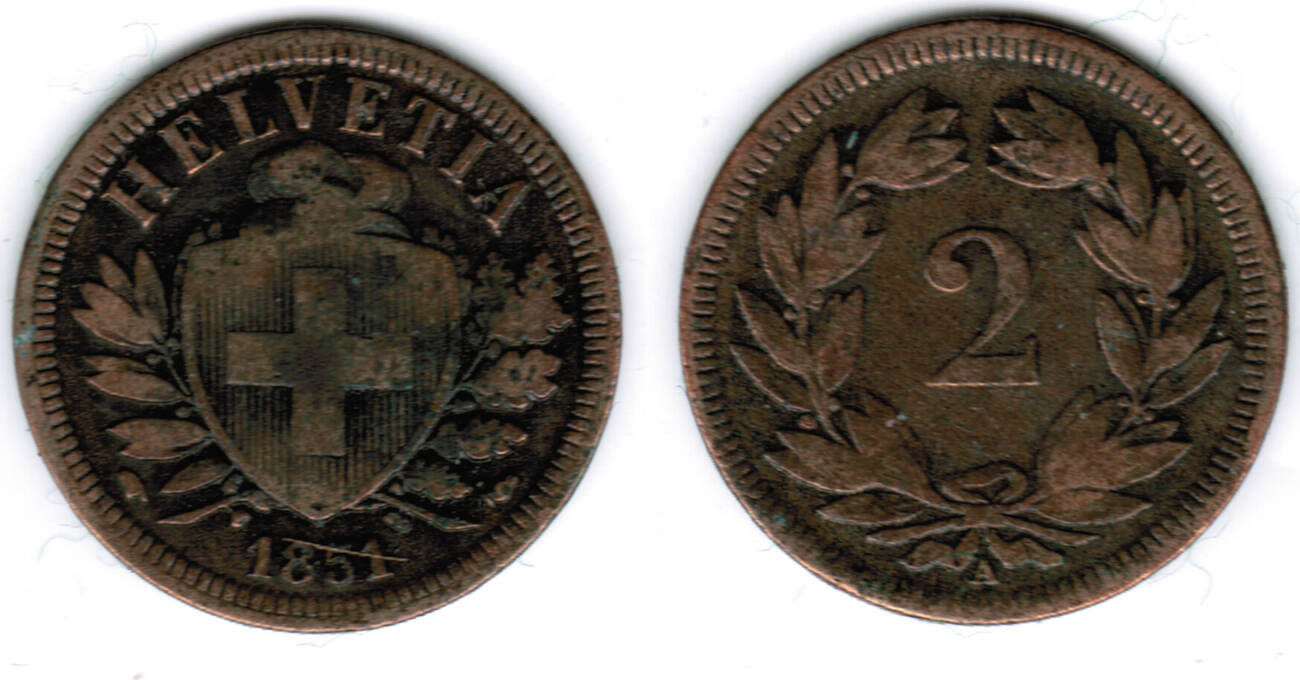 Schweiz, Kursmünze 2 Rappen 1851 B, Erhaltung siehe Scan! schön bis sehr schön | MA-Shops