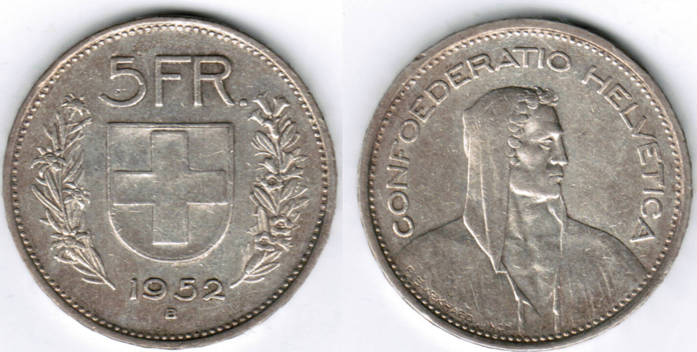Schweiz, Kursmünze 5 Franken 1952, Silber, Erhaltung siehe Scan! sehr schön | MA-Shops