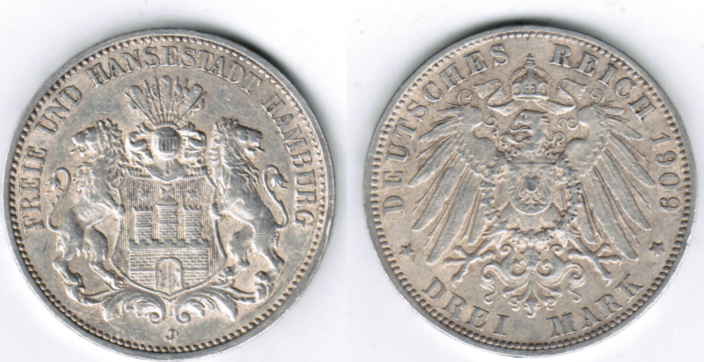 Kaiserreich: Hamburg 3 Mark 1909 J, Stadtwappen, Erhaltung siehe Scan ... Kaiserreich: Hamburg 3 Mark 1909 J, Stadtwappen, Erhaltung siehe Scan ...