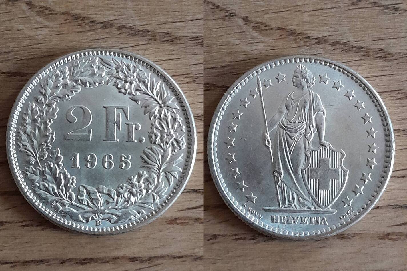 Schweiz, Kursmünze Silber, 2 Franken 1965 B, Erhaltung siehe Scan! vorzüglich bis stempelglanz ...