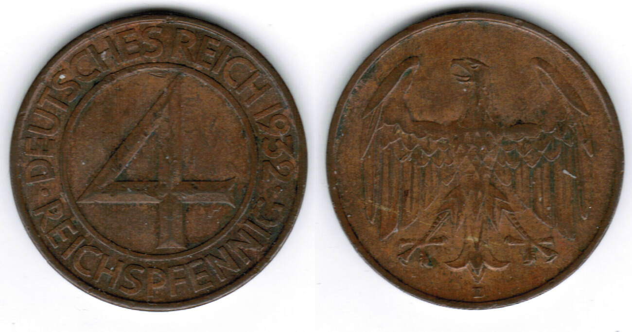 Weimarer Republik, 4 Pfennig 1932 D! Erhaltung siehe Scan! sehr schön ...