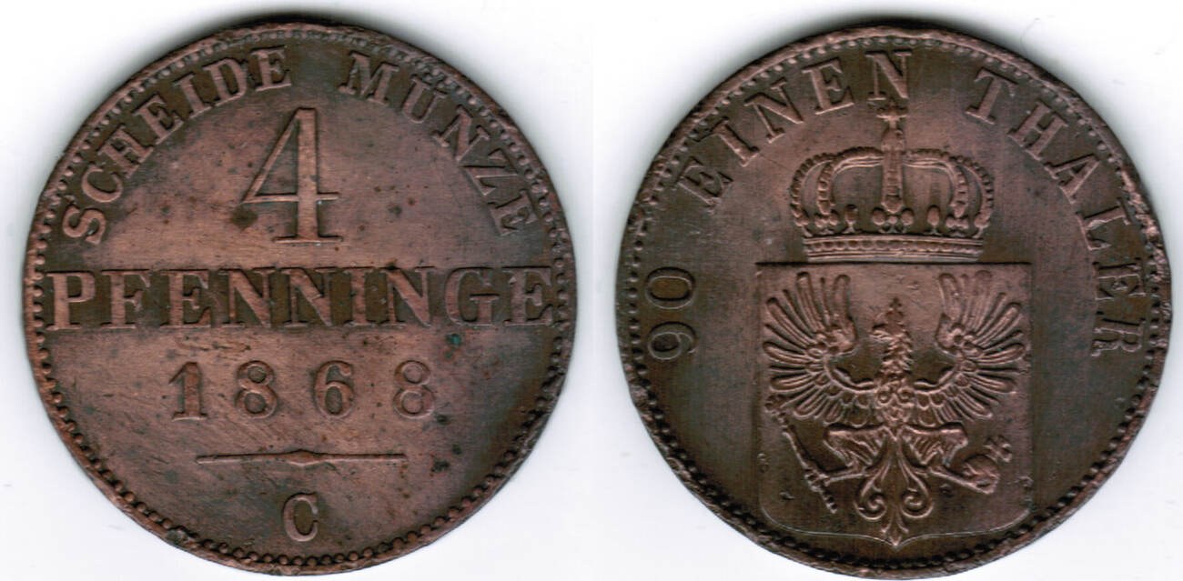 Preußen 4 Pfennig Wilhelm I., Kursmünze 4 Pfenninge 1868 C, Erhaltung ...