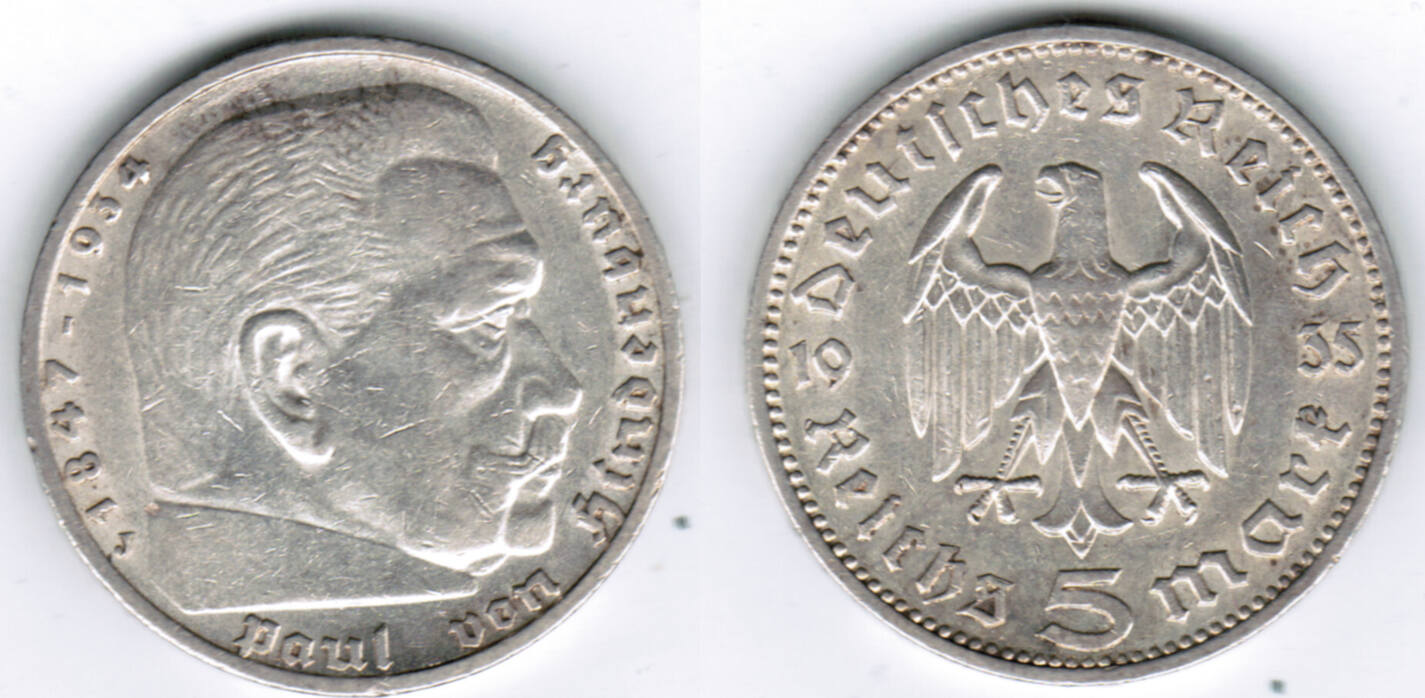 1935 J Drittes Reich, 5 Reichsmark 1935 E, Hindenburg ohne HK, 13,89 g ...