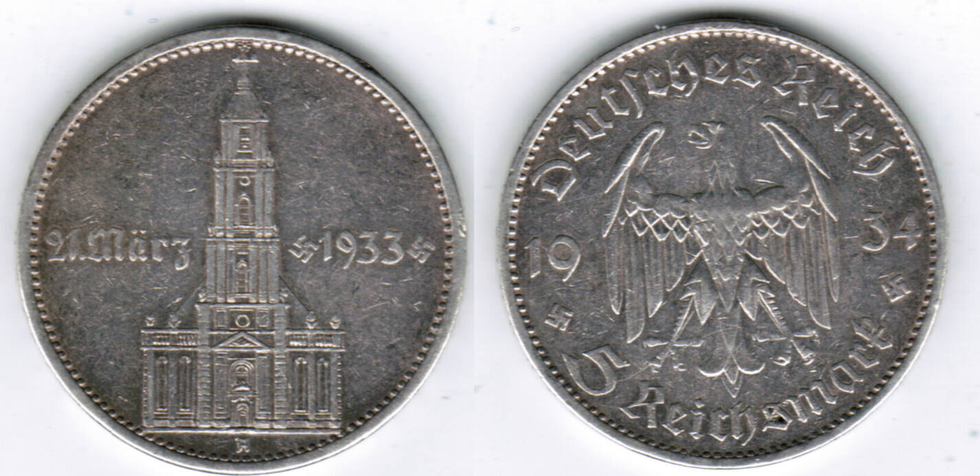 Drittes Reich, 5 Reichsmark 1934 A, Garnisonskirche Potsdam mit Datum ...