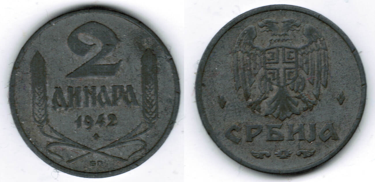 2 Dinara Serbien 1942, 2 Dinar, 2. Weltkrieg, Erhaltung siehe Scan ...