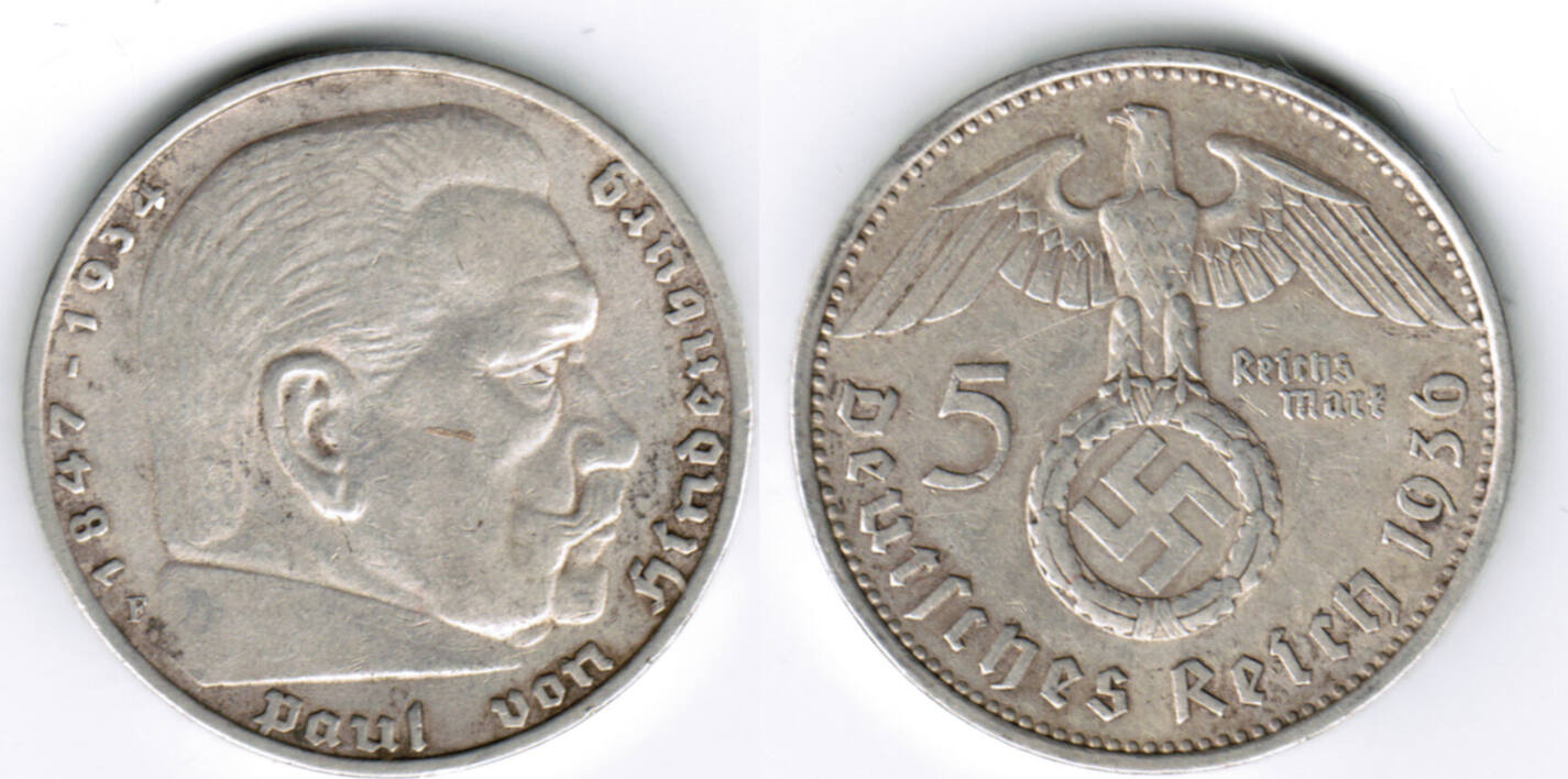 Drittes Reich, 5 Reichsmark 1936 F, Hindenburg mit HK, 13,89 g 900er ...