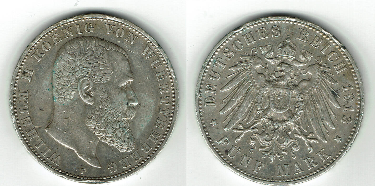 5 Mark Kaiserreich, Württemberg 1913 F, Wilhelm II., Erhaltung siehe Scan! sehr schön ...