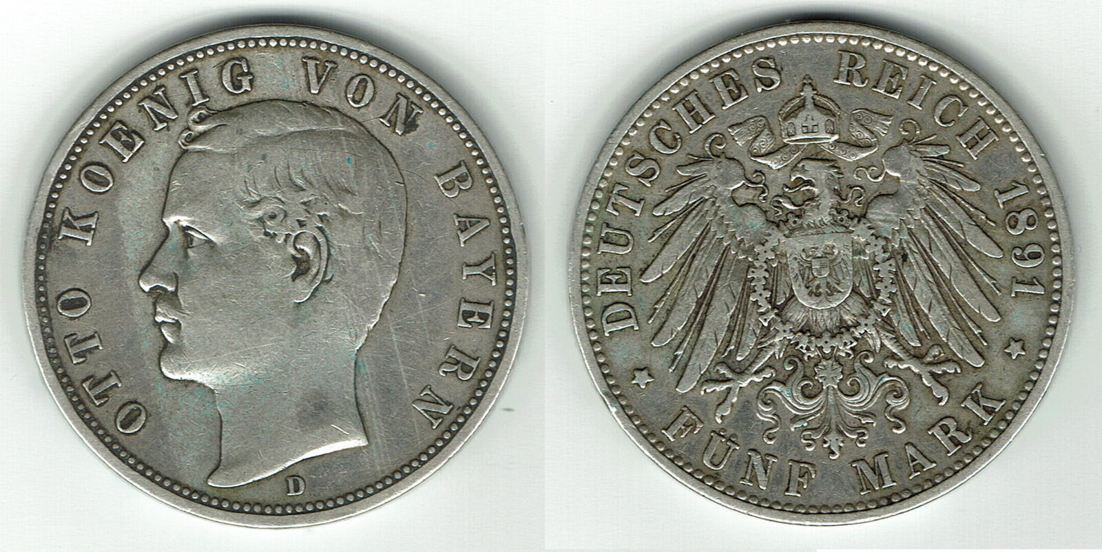 Kaiserreich - Bayern Deutsches Kaiserreich, Bayern, König Otto, 5 Mark 1891 D, Silber! sehr ...