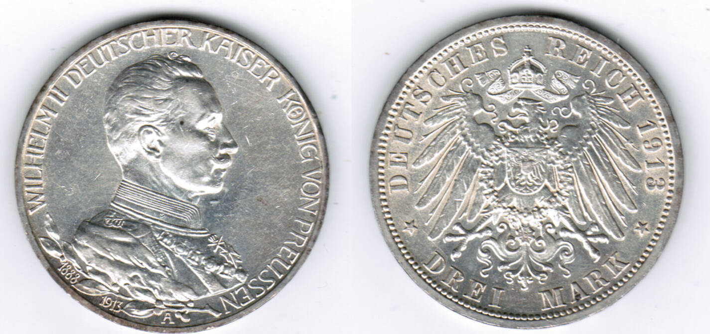 Preußen 3 Mark 1913 A, Wilhelm II. in Uniform, Erhaltung siehe Scan! sehr schön bis vorzüglich ...