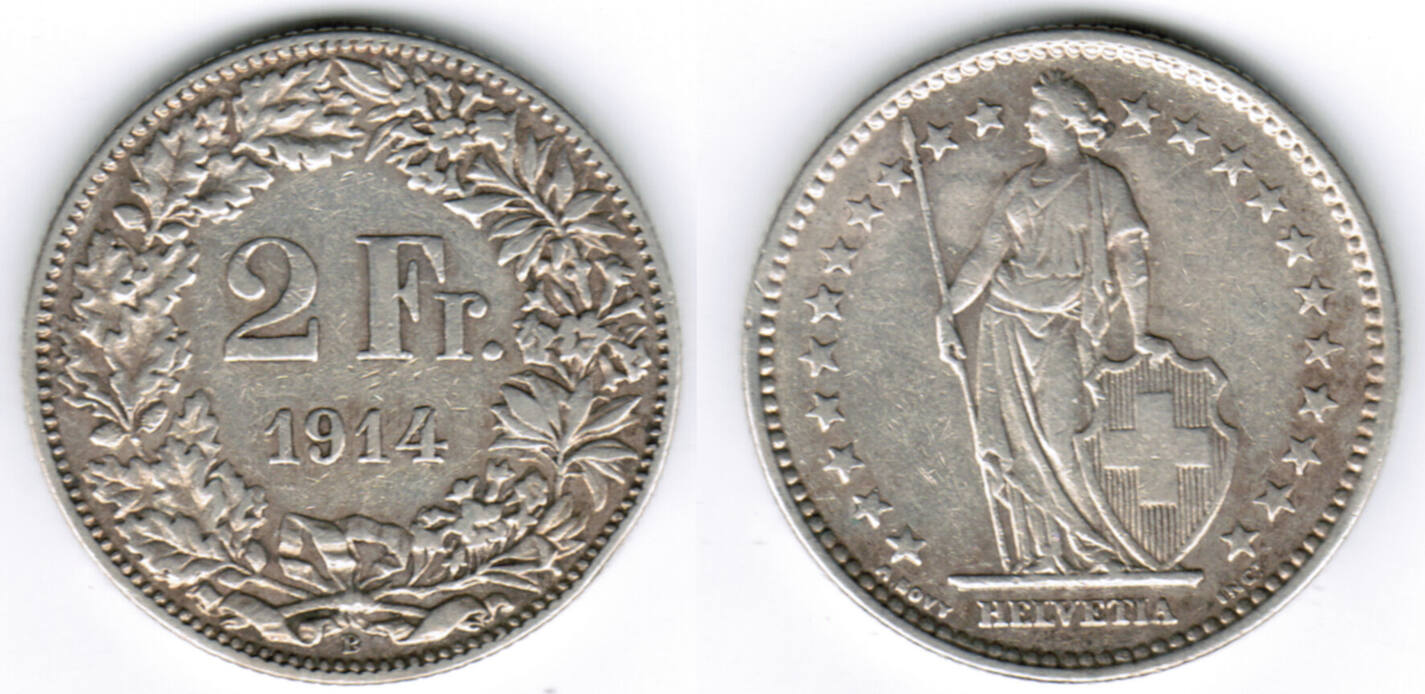 Schweiz, Kursmünze Silber, 2 Franken 1914, Erhaltung siehe Scan! sehr schön | MA-Shops