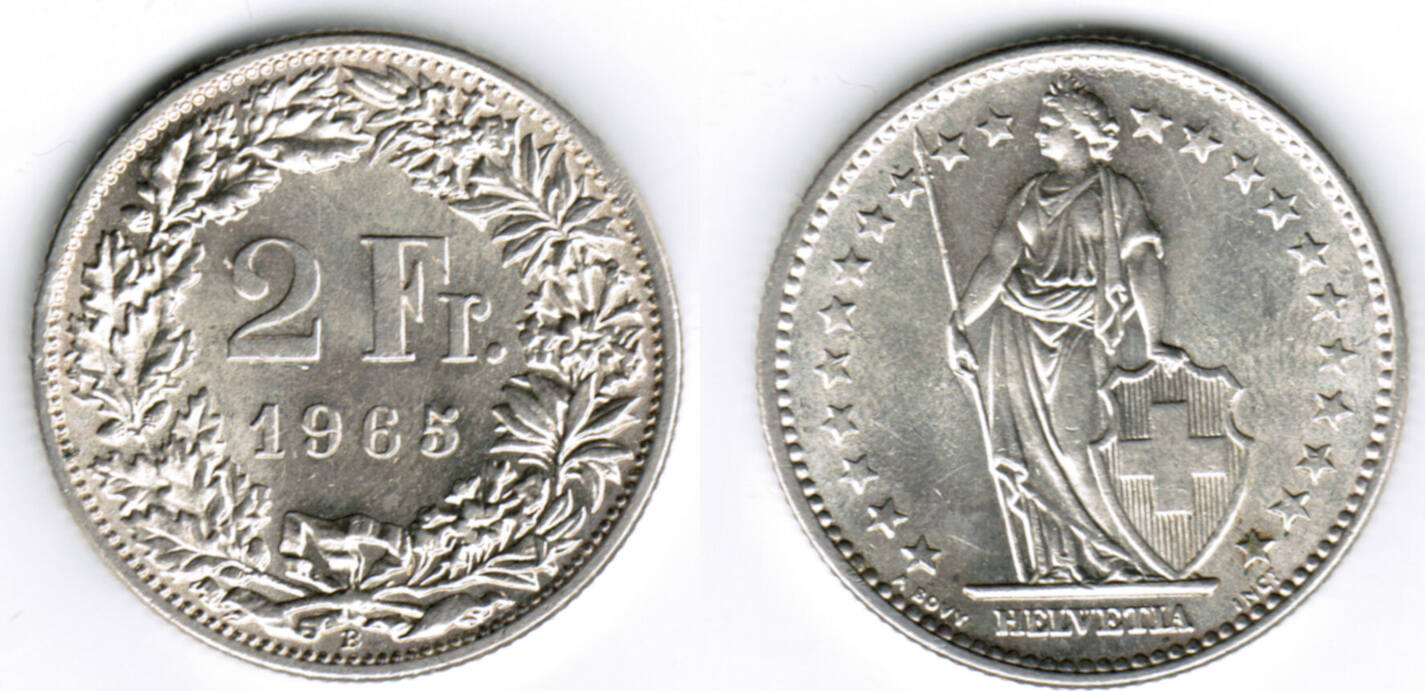 Schweiz, Kursmünze Silber, 2 Franken 1965, Erhaltung siehe Scan! vorzüglich bis stempelglanz ...