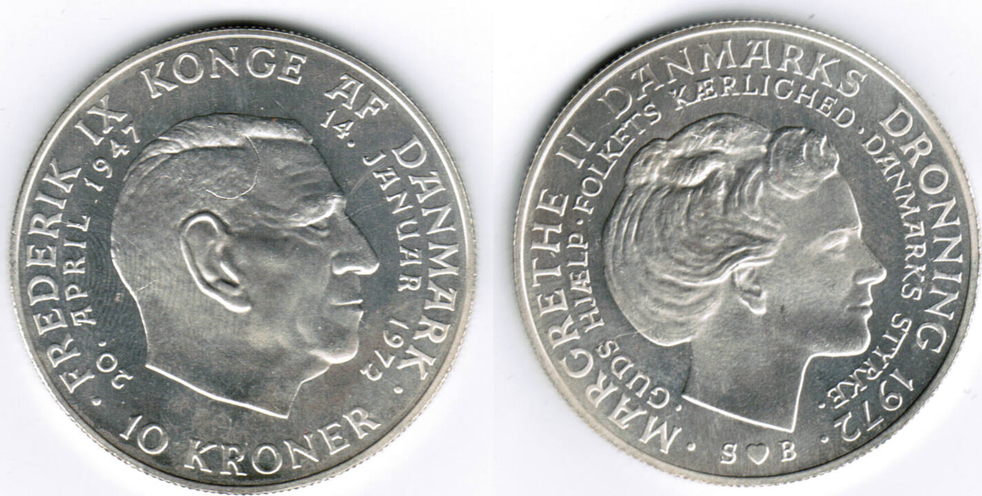 10 Kroner Dänemark 1972, 10 Kronen, Thronbesteigung Margarethe II ...