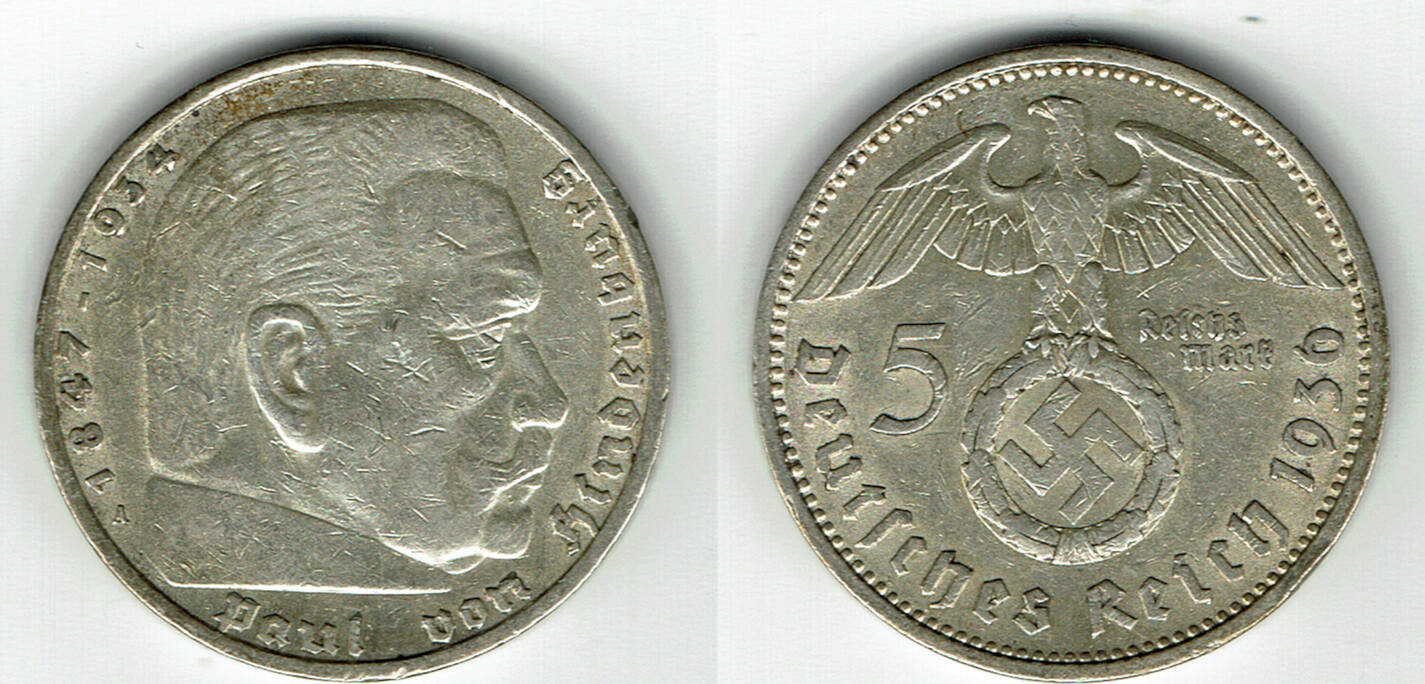 Drittes Reich, 5 Reichsmark 1936 A, Hindenburg mit HK, 13,89 g 900er ...