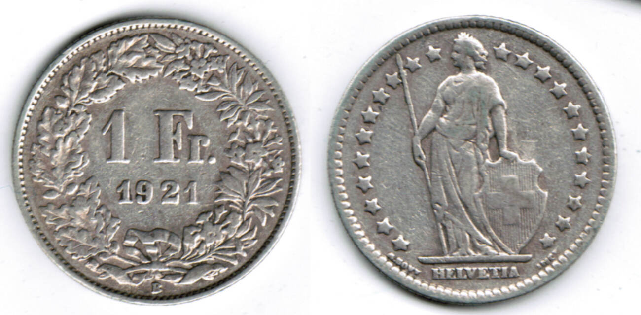 1921 Schweiz, Kursmünze Silber, 1 Franken, Erhaltung siehe Scan! sehr schön | MA-Shops