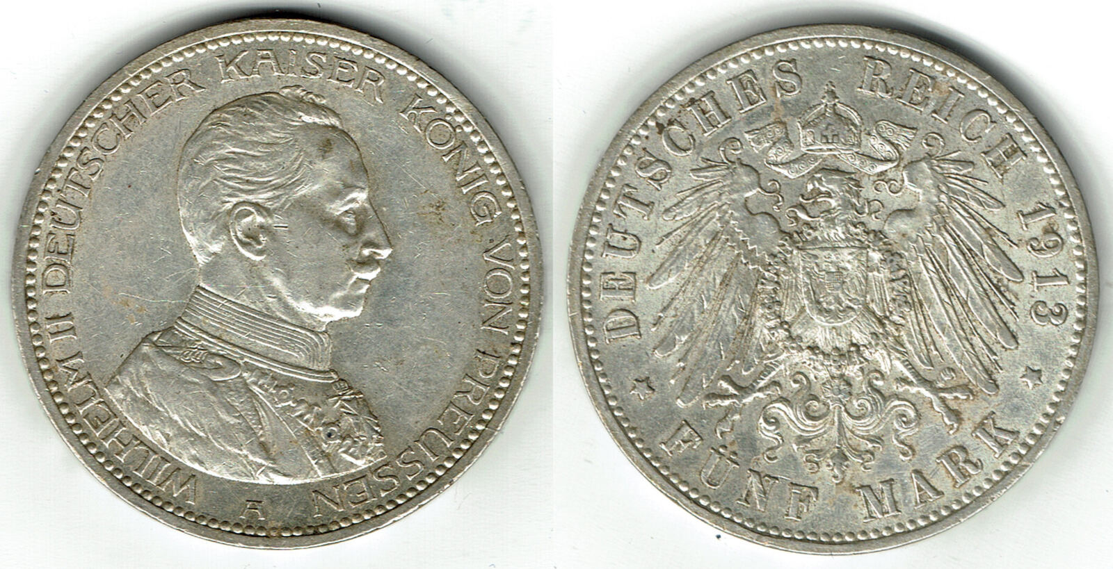 Preußen 5 Mark 1913 A, Wilhelm II. in Uniform, Erhaltung siehe Scan! sehr schön bis vorzüglich ...