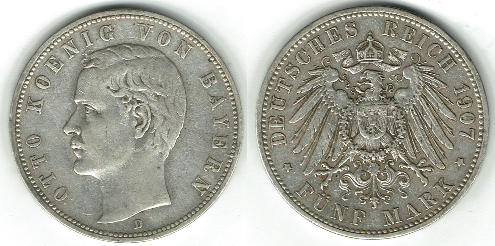 Kaiserreich - Bayern Deutsches Kaiserreich, Bayern, König Otto, 5 Mark 1907 D, Silber! sehr ...