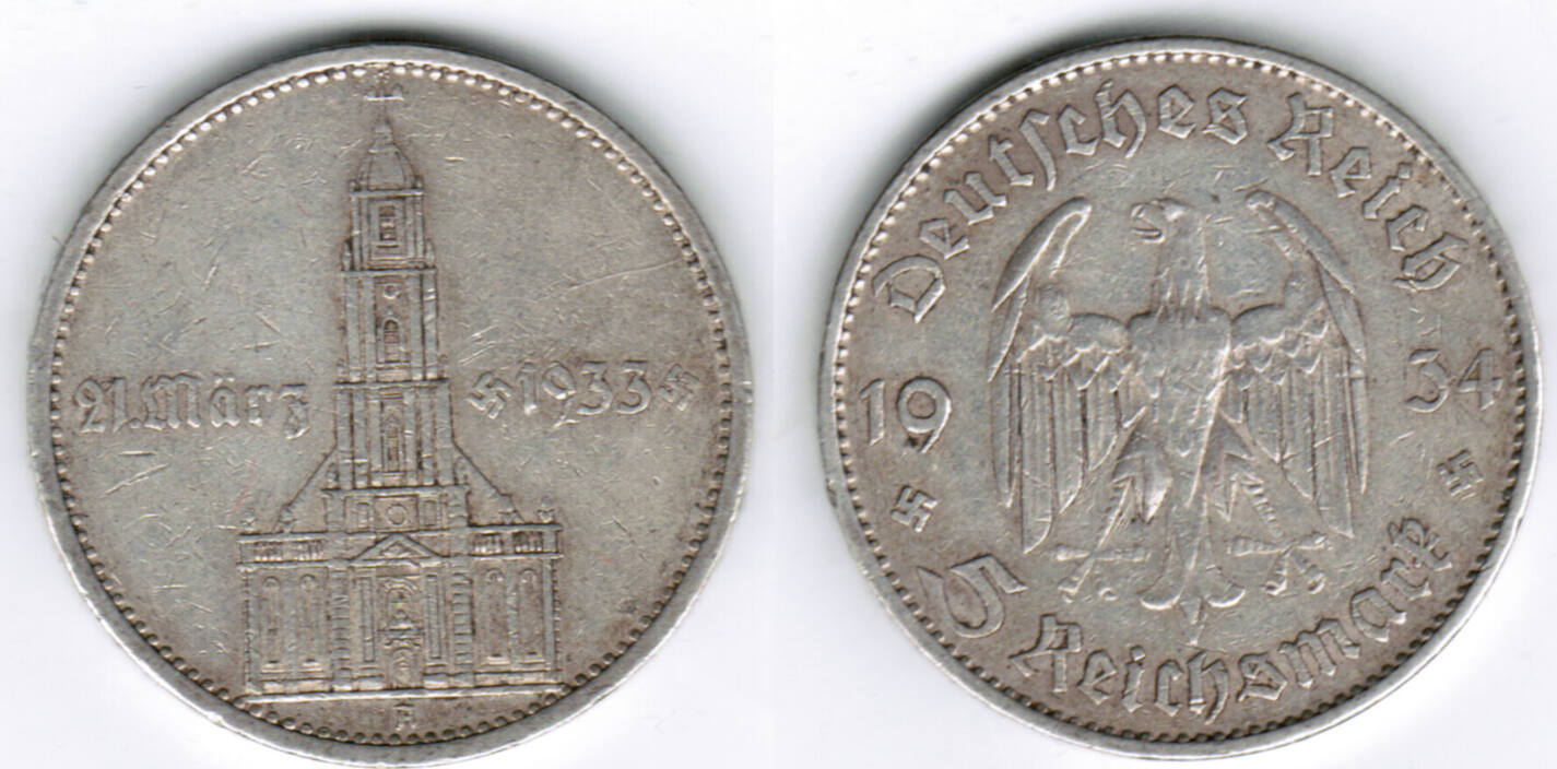 Drittes Reich, 5 Reichsmark 1934 A, Garnisonskirche Potsdam mit Datum ...