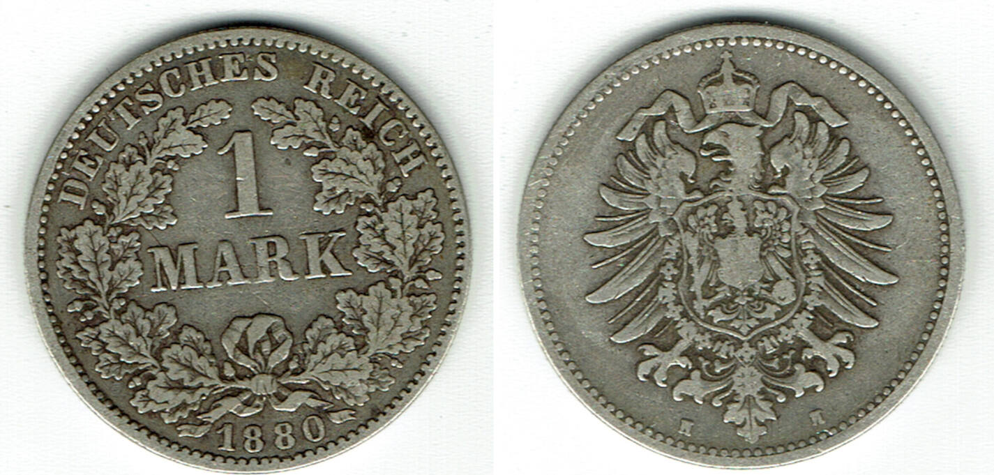 Kaiserreich, Kursmünze 1 Mark 1880 H, 900er Silber! Erhaltung siehe Scan! schön bis sehr schön ...