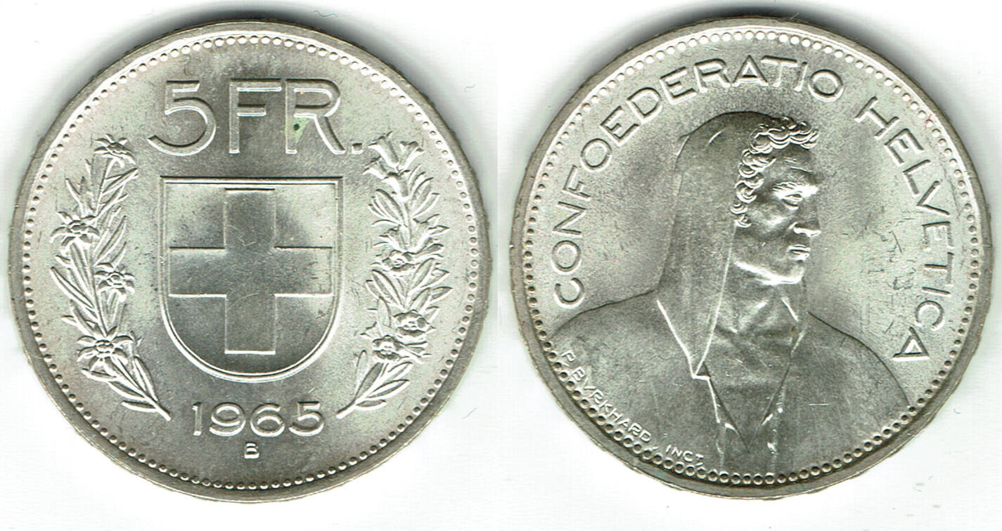 Schweiz, Kursmünze 5 Franken 1965, Silber, Erhaltung siehe Scan! vorzüglich bis stempelglanz ...