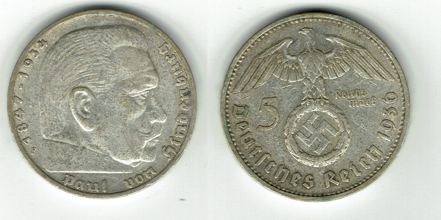 Drittes Reich, 5 Reichsmark 1936 F, Hindenburg mit HK, 13,89 g 900er ...