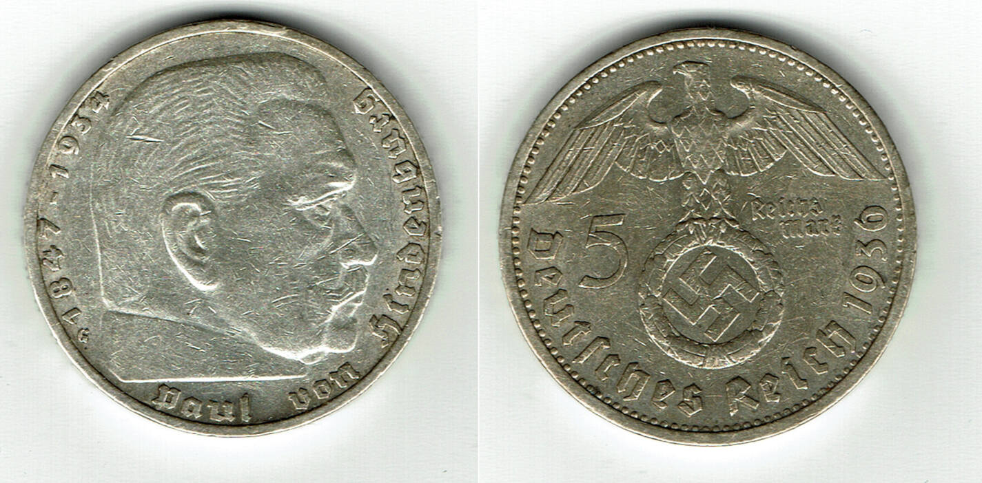 Drittes Reich, 5 Reichsmark 1936 G, Hindenburg mit HK, 13,89 g 900er ...