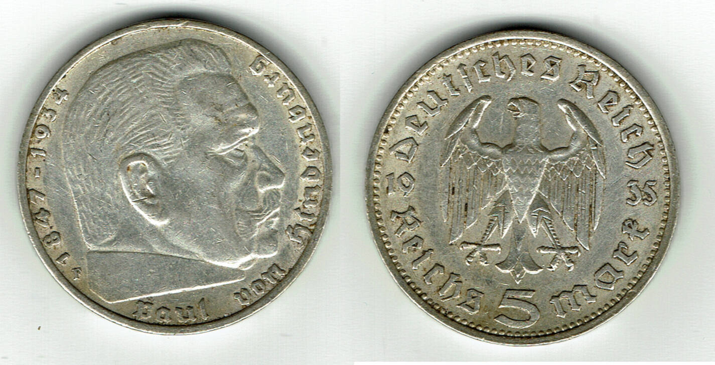 1935 F Drittes Reich, 5 Reichsmark Hindenburg ohne HK, 13,89 g 900er ...