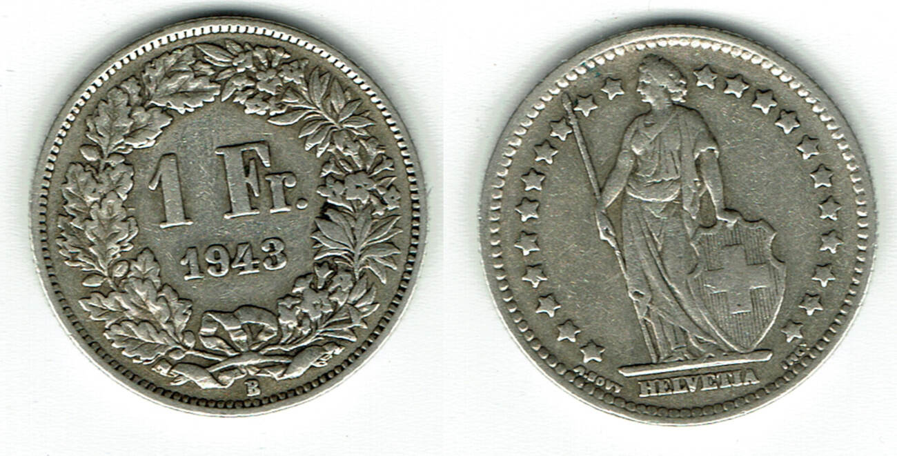 1943 Schweiz, Kursmünze Silber, 1 Franken, Erhaltung siehe Scan! sehr schön | MA-Shops