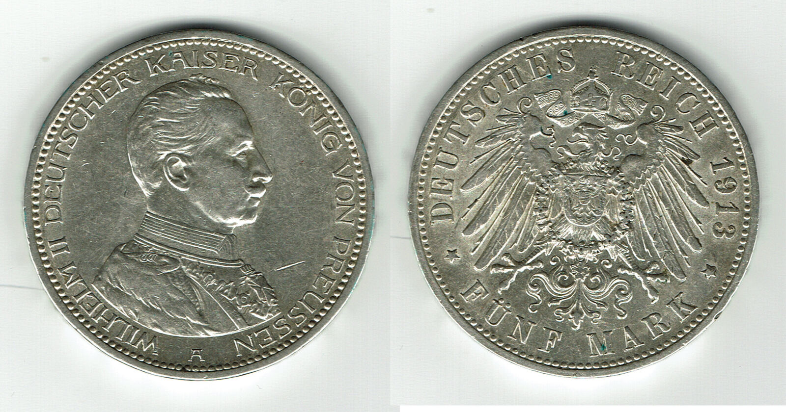 Preußen 5 Mark 1913 A, Wilhelm II. in Uniform, Erhaltung siehe Scan! sehr schön bis vorzüglich ...