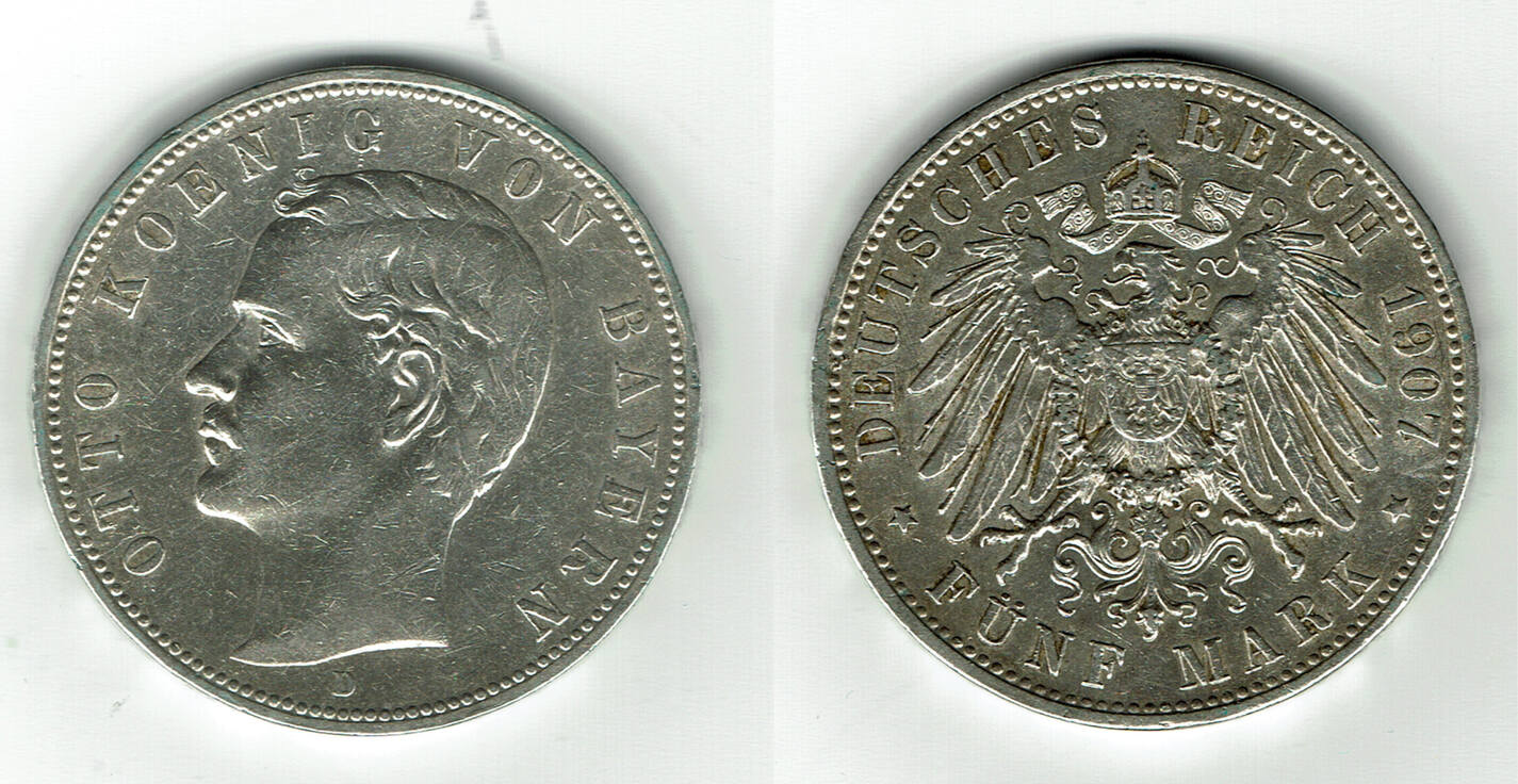 Kaiserreich - Bayern Deutsches Kaiserreich, Bayern, König Otto, 5 Mark 1907 D, Silber! sehr ...