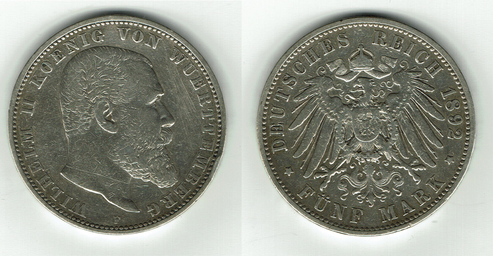5 Mark Kaiserreich, Württemberg 1892 F, Wilhelm II., Erhaltung siehe Scan! sehr schön, Kopfseite ...