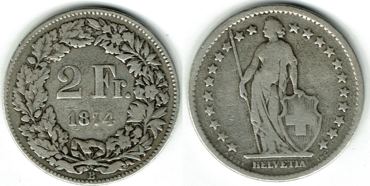 Schweiz, Kursmünze Silber, 2 Franken 1874, Erhaltung siehe Scan! schön | MA-Shops