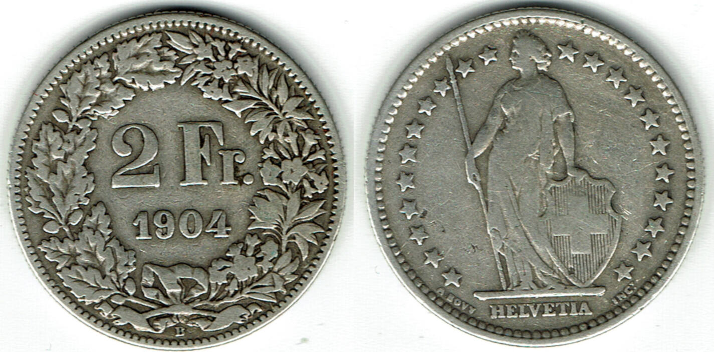 Schweiz, Kursmünze Silber, 2 Franken 1904, Erhaltung siehe Scan! fast sehr schön | MA-Shops