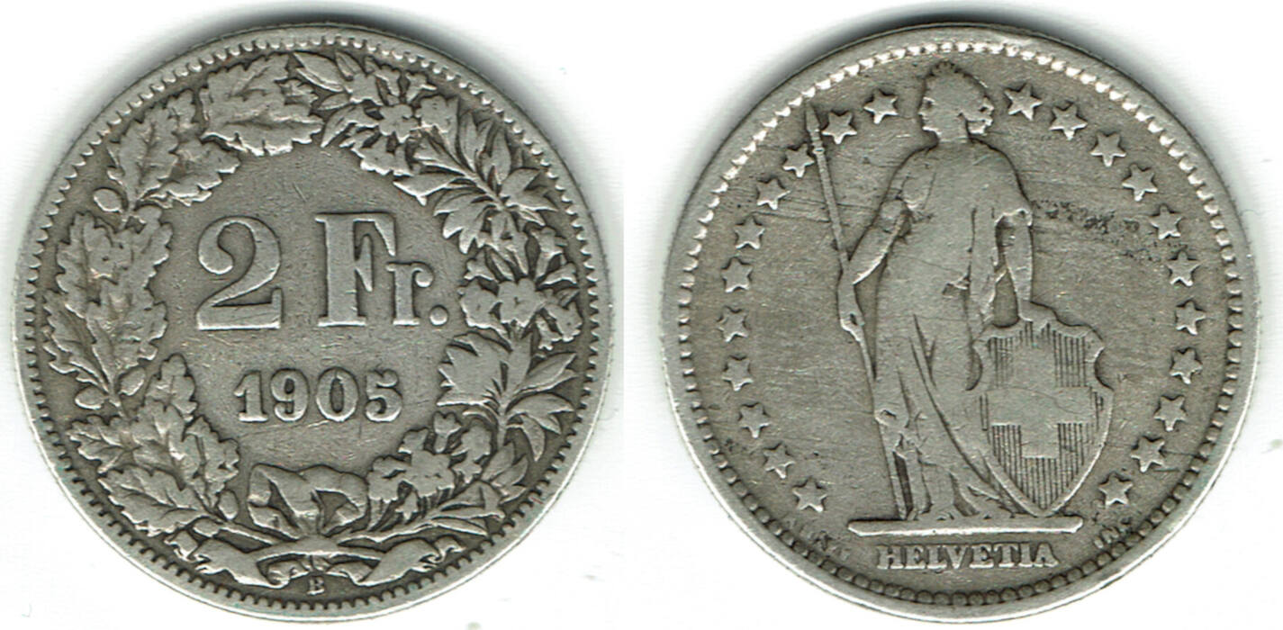 Schweiz, Kursmünze Silber, 2 Franken 1905, Erhaltung siehe Scan! fast sehr schön | MA-Shops