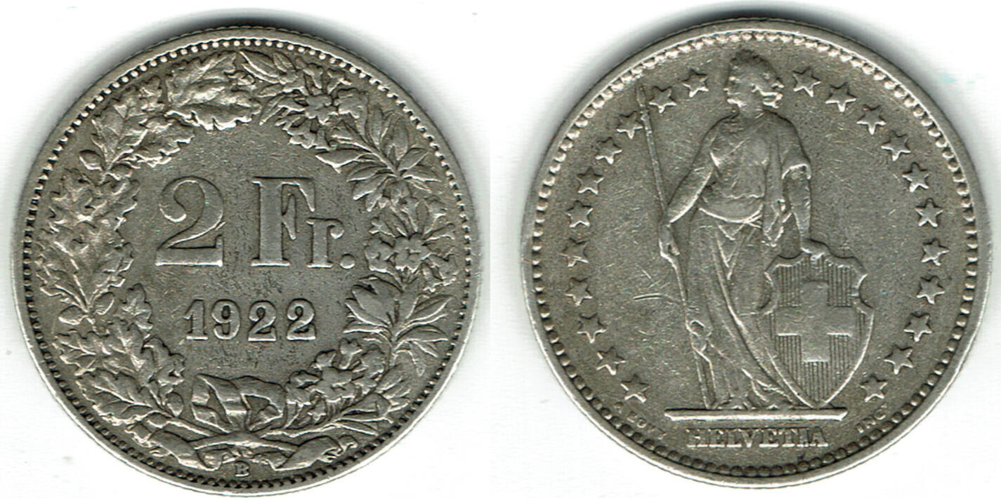 Schweiz, Kursmünze Silber, 2 Franken 1922, Erhaltung siehe Scan! sehr schön | MA-Shops