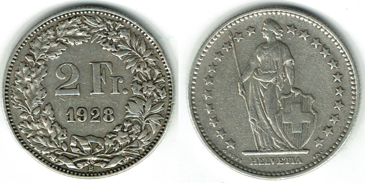 Schweiz, Kursmünze Silber, 2 Franken 1928, Erhaltung siehe Scan! sehr schön | MA-Shops