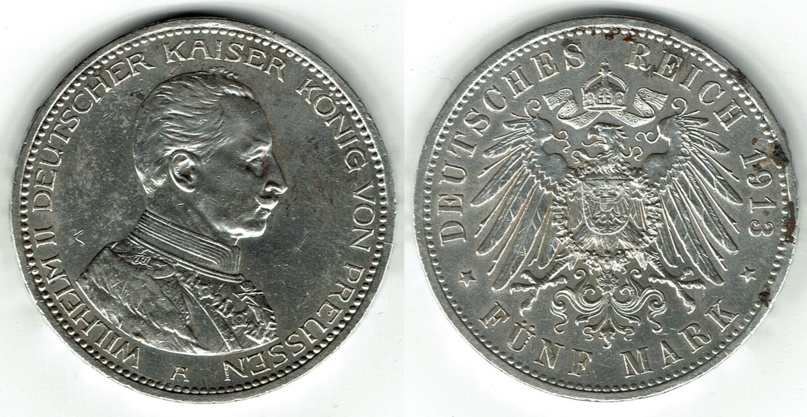 Preußen 5 Mark 1913 A, Wilhelm II. in Uniform, Erhaltung siehe Scan! sehr schön bis vorzüglich ...