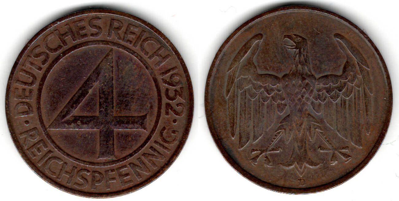 Weimarer Republik, 4 Pfennig 1932 D! Erhaltung siehe Scan! fast ...