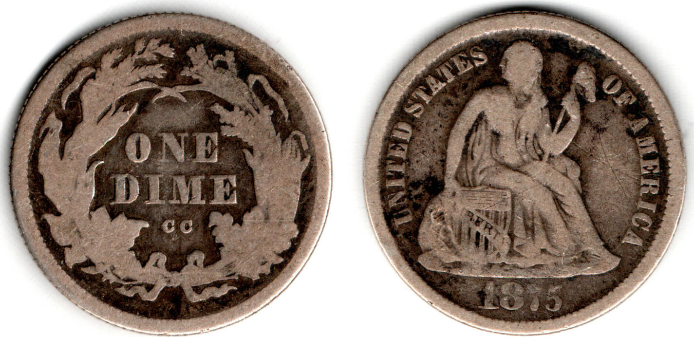 10 Cents (Dime) USA, Kursmünze 1 Dime, sitzende Liberty, 1875 CC, siehe Scan! sehr schön | MA-Shops