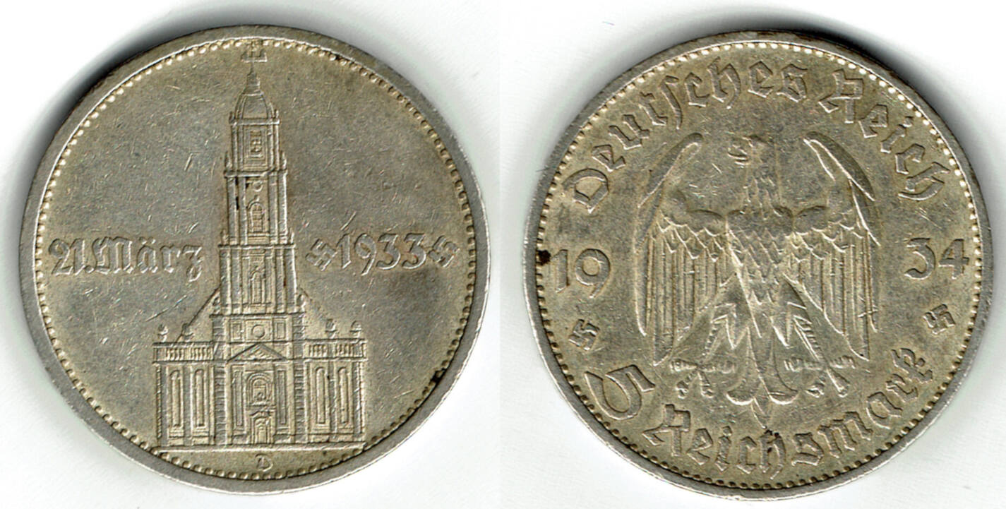 Drittes Reich, 5 Reichsmark 1934 D, Garnisonskirche Potsdam mit Datum ...