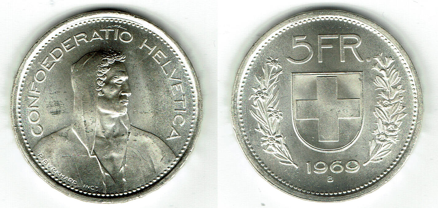 Schweiz, Kursmünze 5 Franken 1969, Silber, Erhaltung siehe Scan! vorzüglich bis stempelglanz ...