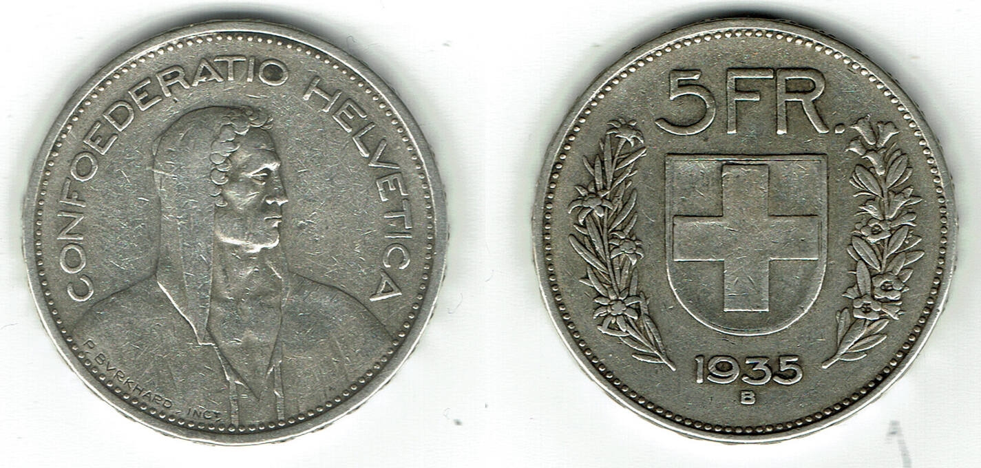 Schweiz, Kursmünze 5 Franken 1935, Silber, Erhaltung siehe Scan! sehr schön | MA-Shops